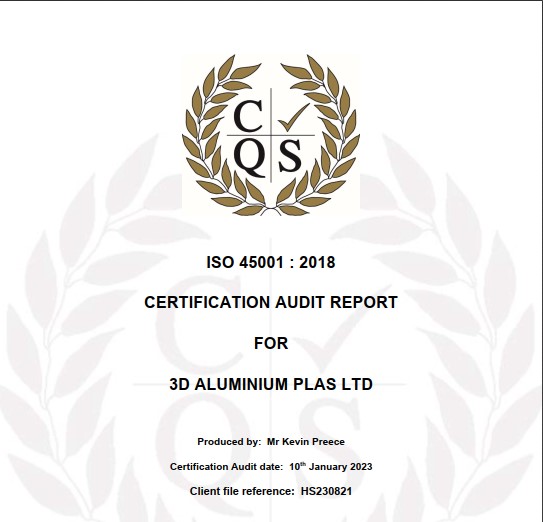 3D Awarded ISO45001 for Occupational Health & Safety | 3d Aluminium